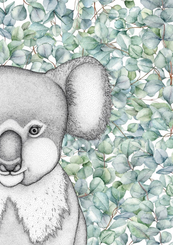 Kenneth the Koala with Eucalyptus Leaves - Dots by Donna
